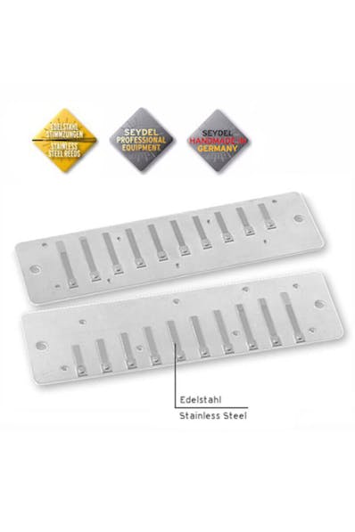 Harmonica reed plates from Seydel, Hering, Hohner, Lee Oskar and Suzuki.